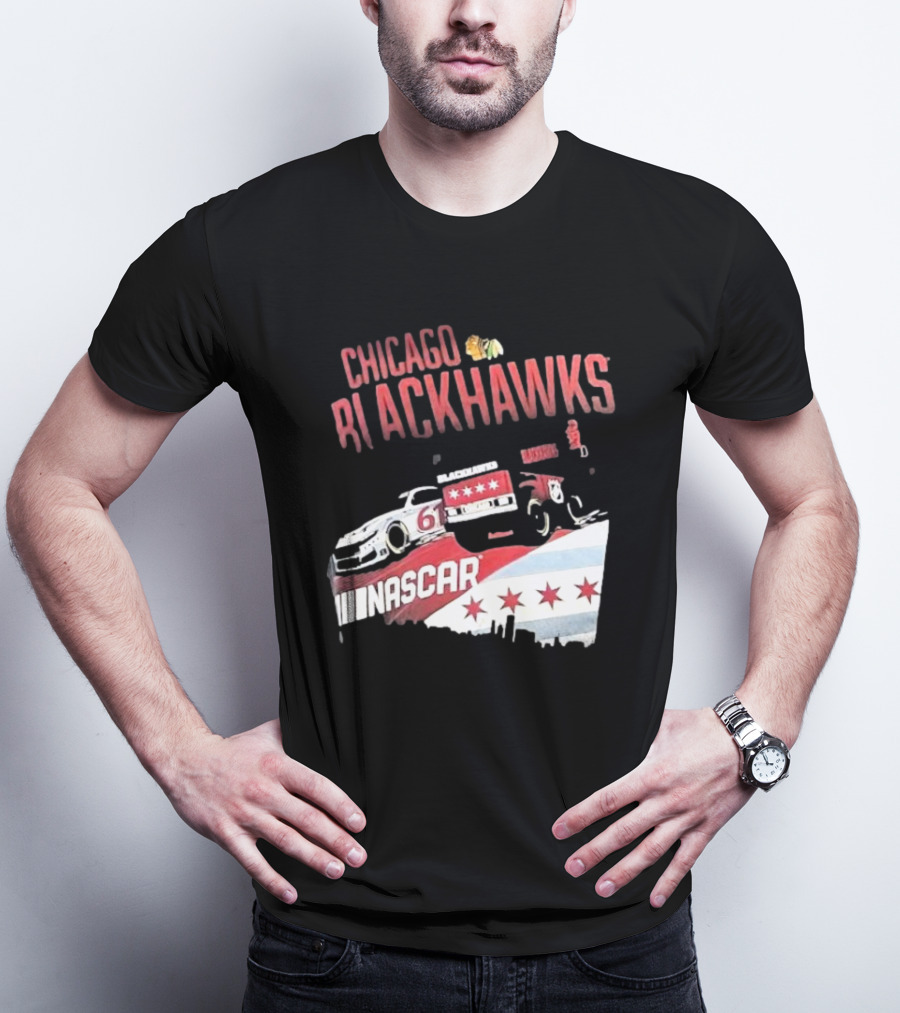 Chicago Blackhawks NASCAR Racing Car With City Skyline And Number 61 T-Shirt