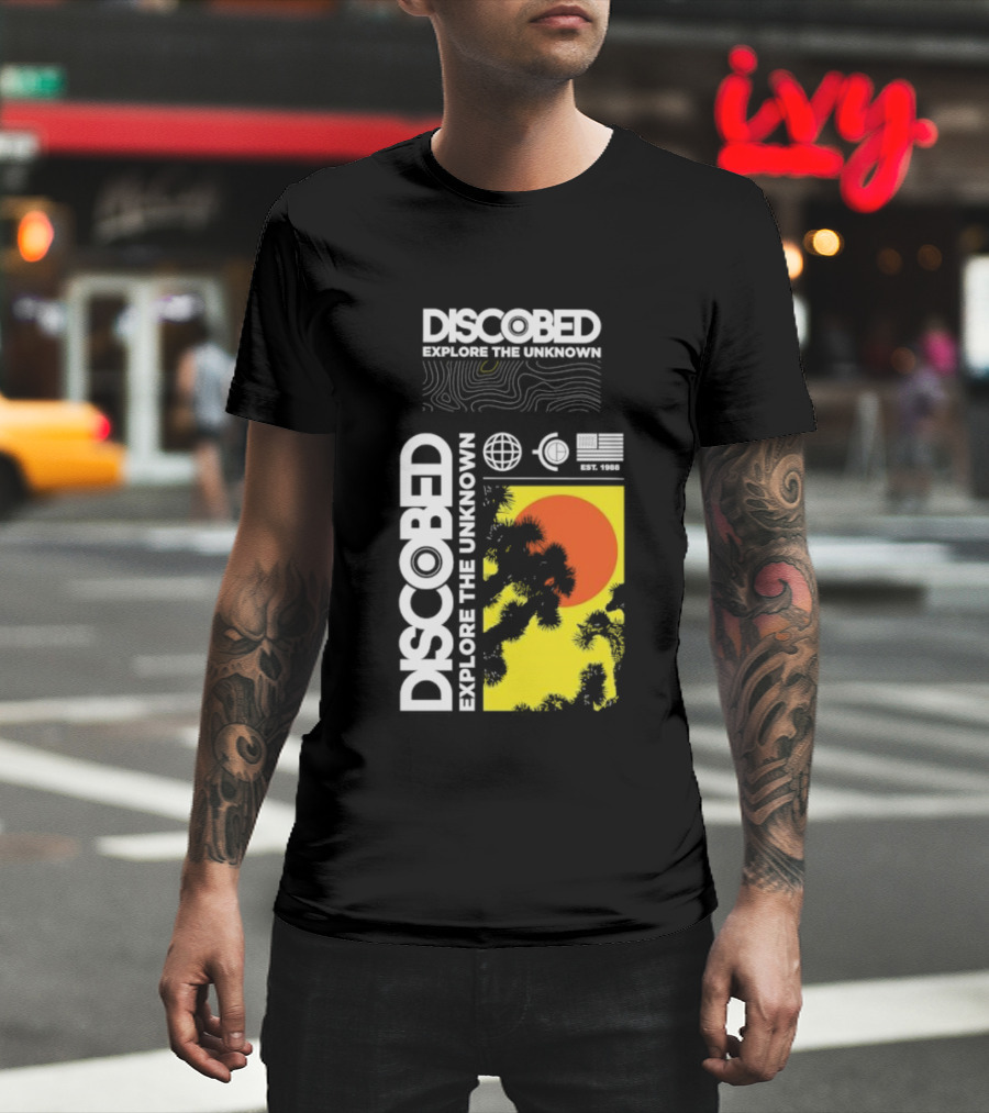 Discobed Explore The Unknown Global Exploration Est 1988 Sun Images With Iconic Nature Scene T-Shirt