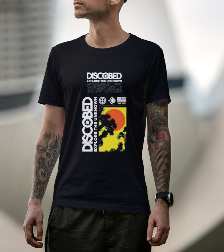 Discobed Explore The Unknown Global Exploration Est 1988 Sun Images With Iconic Nature Scene T-Shirt