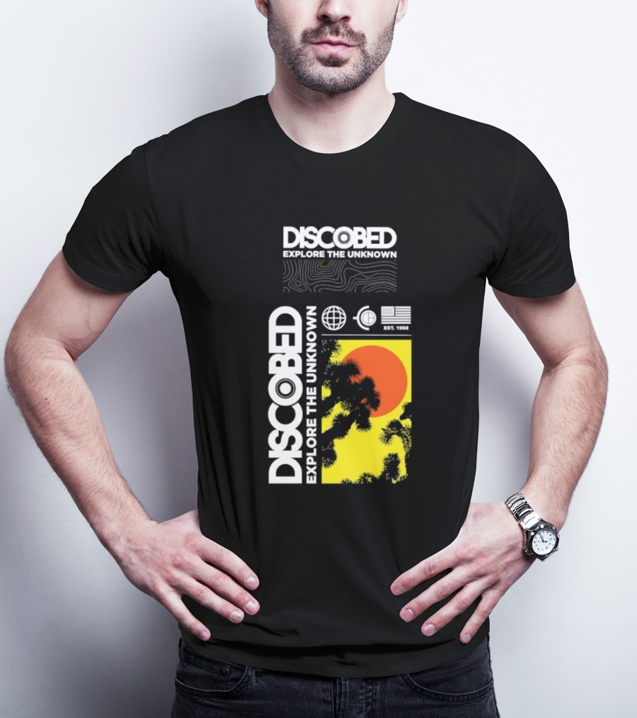 Discobed Explore The Unknown Global Exploration Est 1988 Sun Images With Iconic Nature Scene T-Shirt
