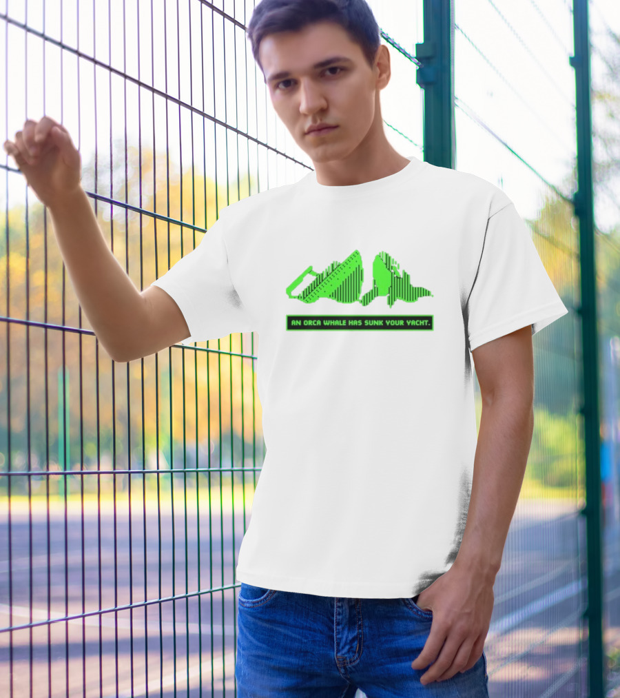 An Orca Whale Has Sunk Your Yacht Green Retro Pixel Art Aaron’s Art Room T-Shirt