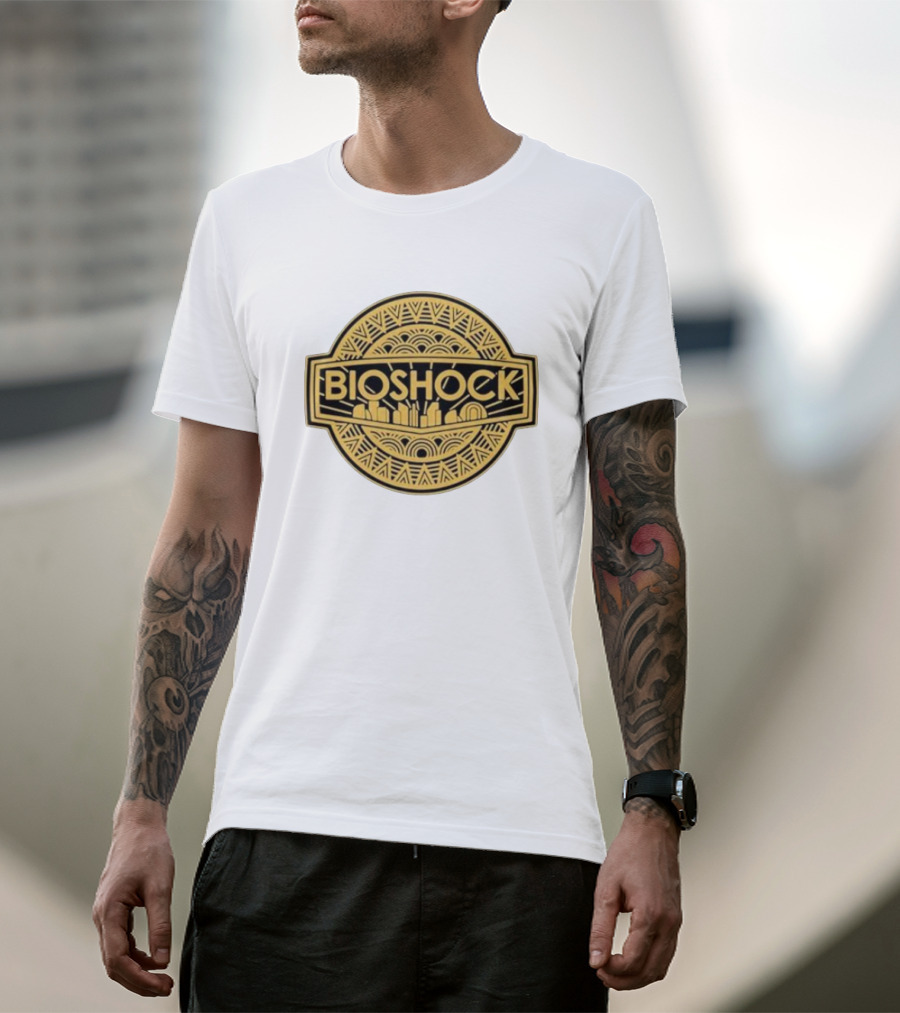 Bioshock Art Deco Golden Emblem With Cityscape T-Shirt