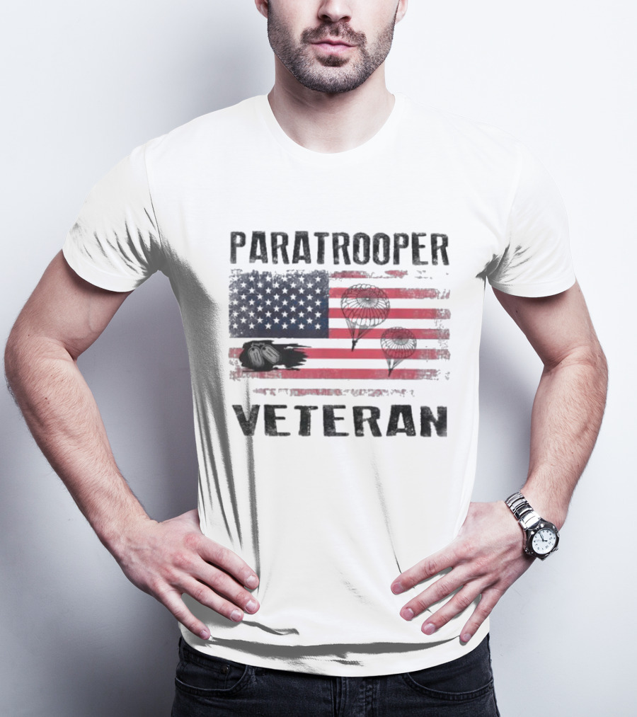 Paratrooper Veteran US Flag Tribute With Airborne T-Shirt
