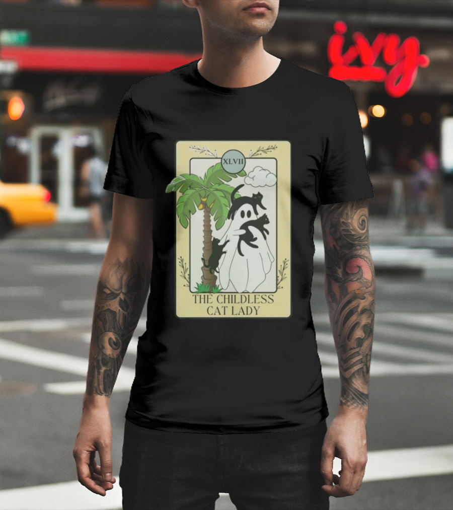 XLVII The Childless Cat Lady Ghost Black Cat Coconut Tree T-Shirt