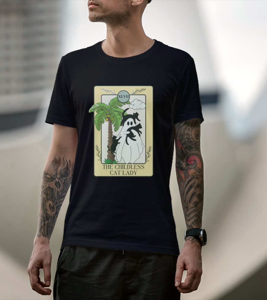 XLVII The Childless Cat Lady Ghost Black Cat Coconut Tree T-Shirt