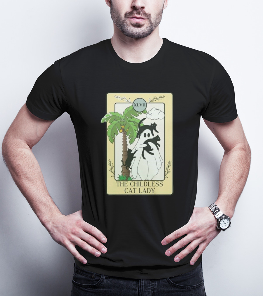 XLVII The Childless Cat Lady Ghost Black Cat Coconut Tree T-Shirt