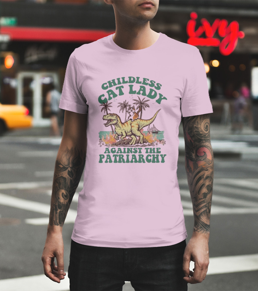 Childless Cat Lady Riding Dinosaur Against The Patriarchy With Flaming Coconut Trees T-Shirt