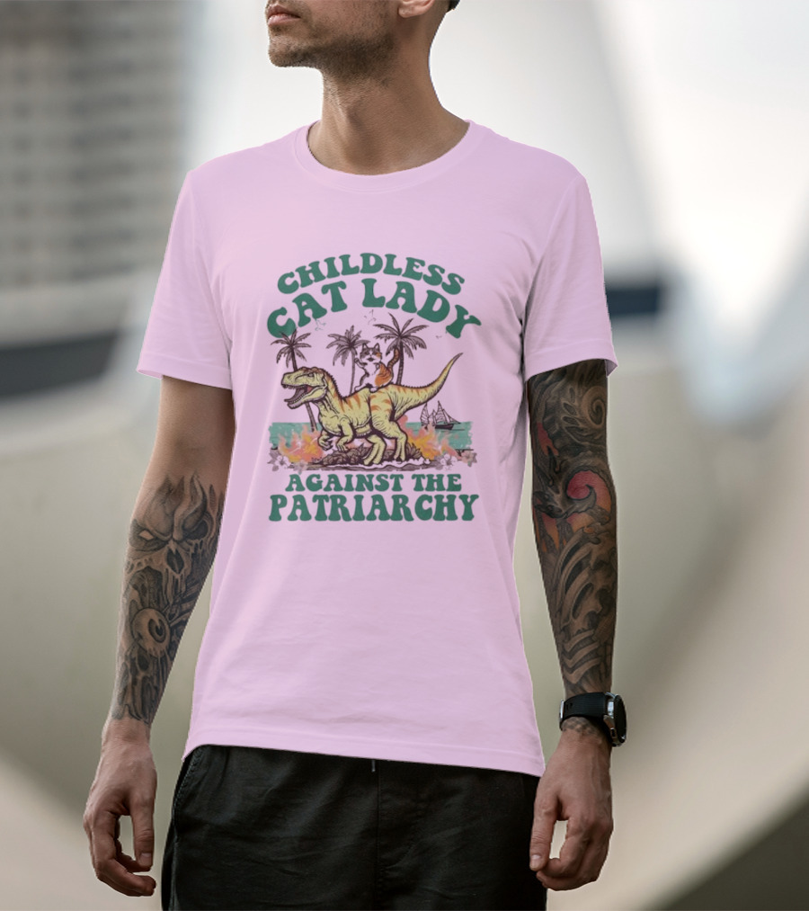 Childless Cat Lady Riding Dinosaur Against The Patriarchy With Flaming Coconut Trees T-Shirt