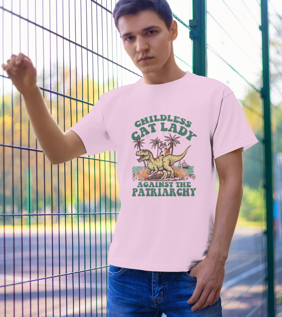 Childless Cat Lady Riding Dinosaur Against The Patriarchy With Flaming Coconut Trees T-Shirt