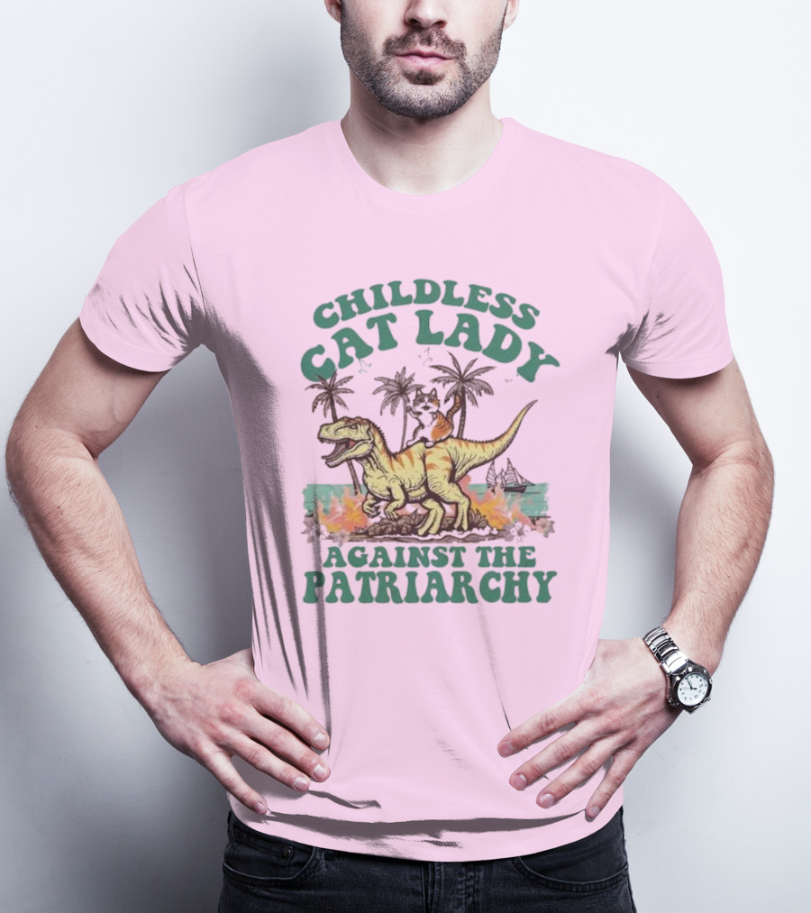 Childless Cat Lady Riding Dinosaur Against The Patriarchy With Flaming Coconut Trees T-Shirt