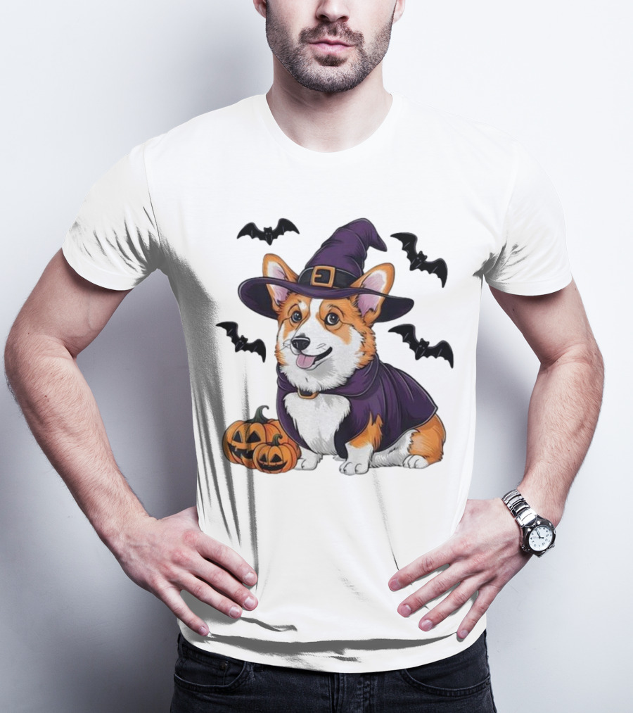 Halloween Corgi In Witch Hat With Pumpkins And Bats T-Shirt