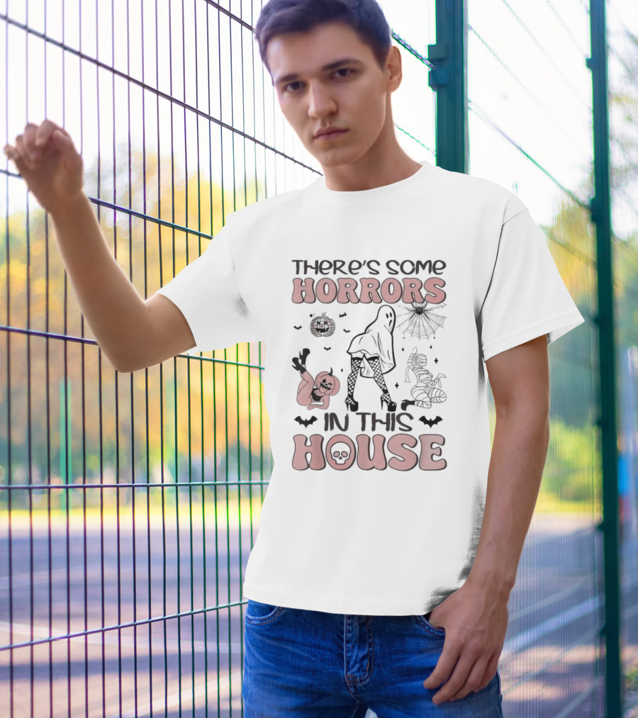 There's Some Horrors In This House Funny Ghost Halloween With Dancing Ghosts, Bat, Spider, And Pumpkin T-Shirt