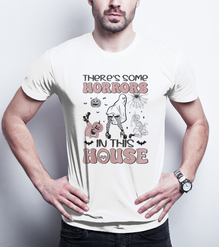 There's Some Horrors In This House Funny Ghost Halloween With Dancing Ghosts, Bat, Spider, And Pumpkin T-Shirt