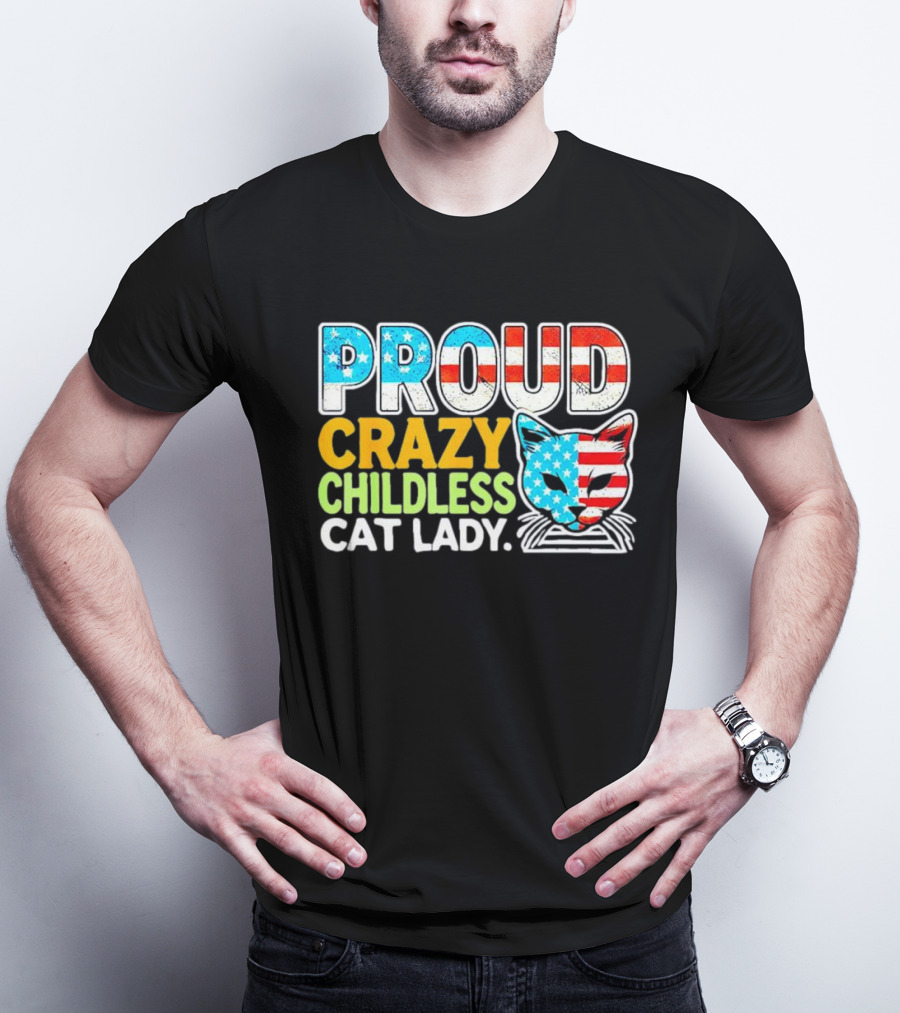 Proud Crazy Childless Cat Lady American Flag Cat Head T-Shirt