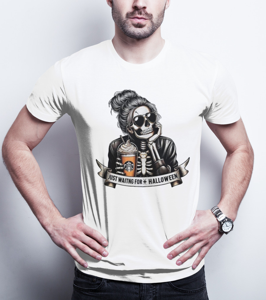Just Waiting For Halloween Skeleton With Coffee Cup Spooky Season T-Shirt