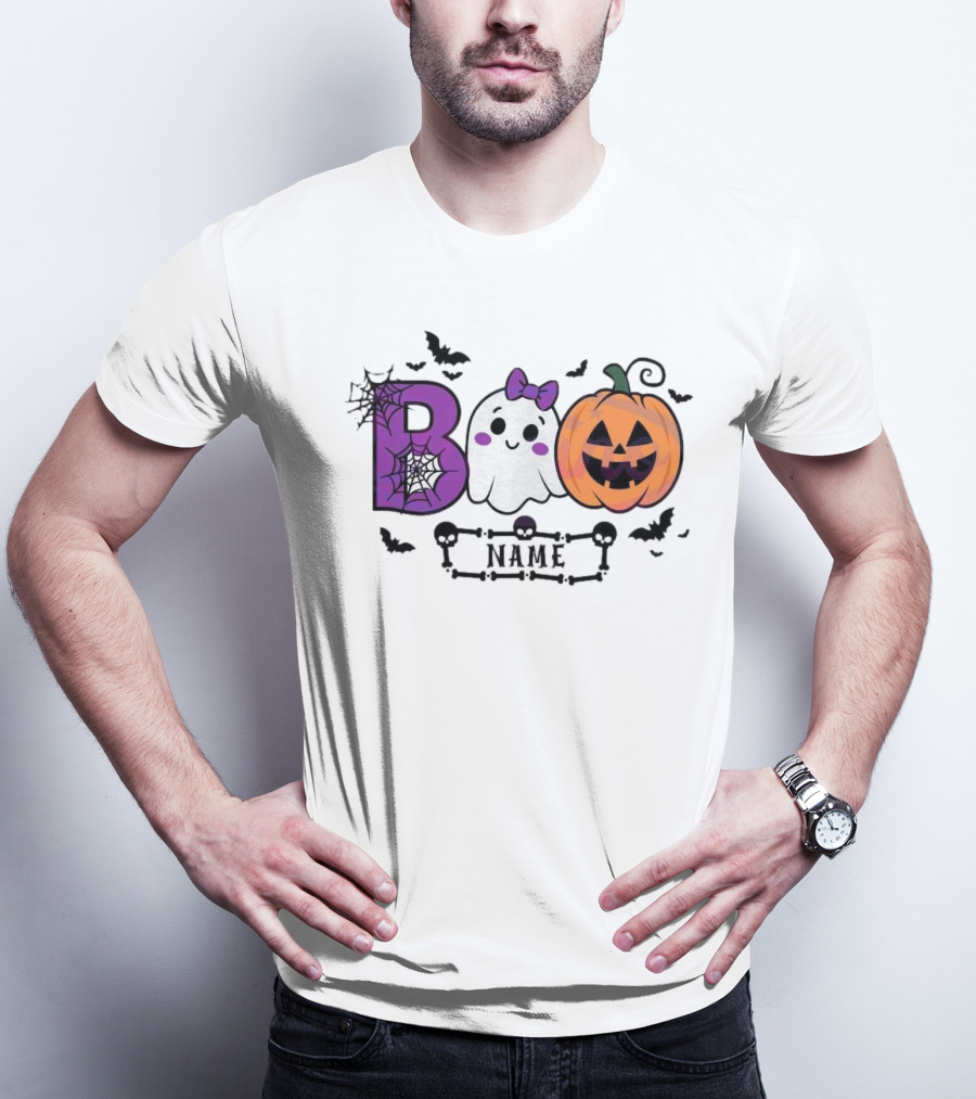 Boo Name Ghost Pumpkin Halloween Spiders Bats T-Shirt