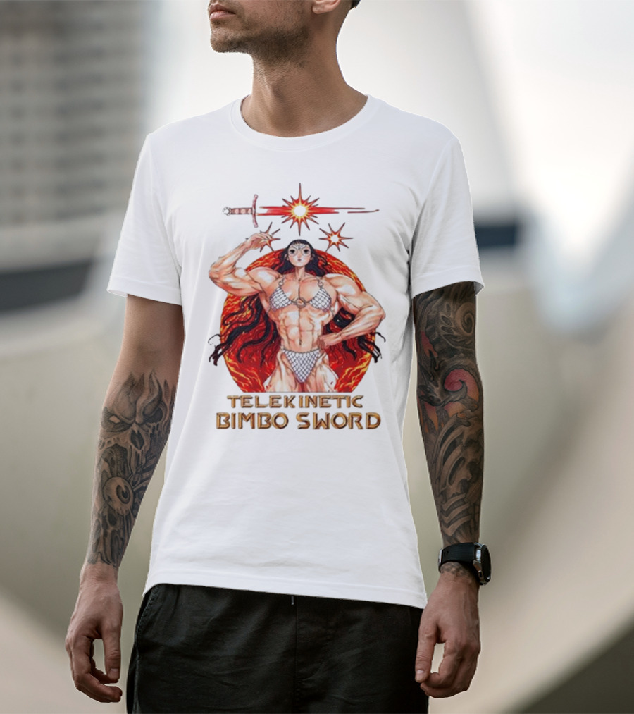 Rebecca Kirby Telekinetic Bimbo Sword Warrior With Fiery Background T-Shirt