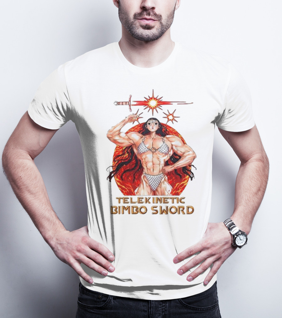 Rebecca Kirby Telekinetic Bimbo Sword Warrior With Fiery Background T-Shirt