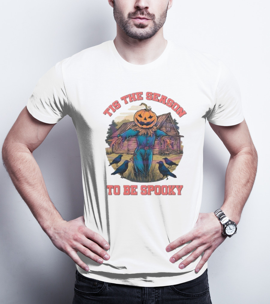 Tis The Season To Be Spooky Pumpkin Head Scarecrow With Crows In Front Of Haunted House T-Shirt