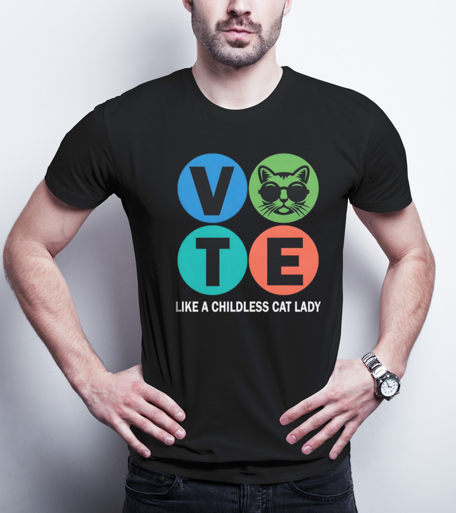Vote Like A Childless Cat Lady Retro Circle Cat Face T-Shirt