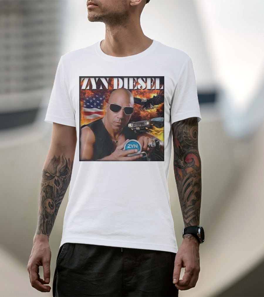 Zyn Diesel American Bald Eagle And Muscle Car Background T-Shirt
