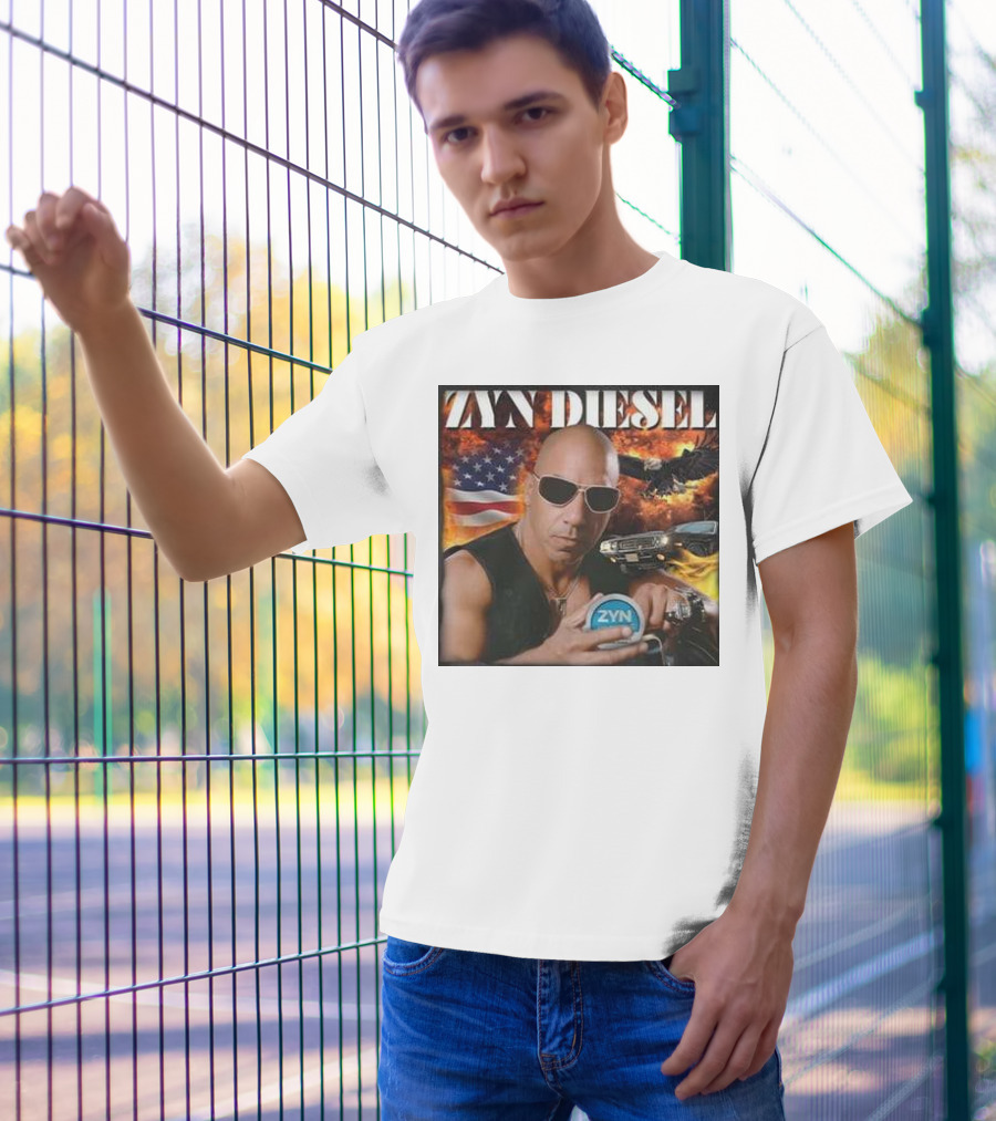 Zyn Diesel American Bald Eagle And Muscle Car Background T-Shirt