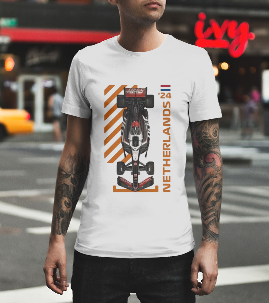 Haas F1 Racing Car Netherlands 24 Orange Stripes Racing Formula 1 T-Shirt