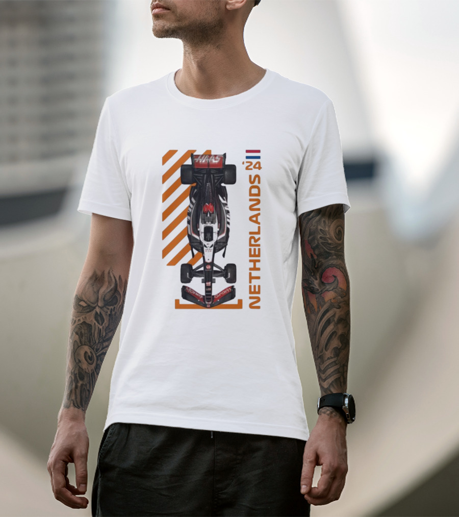 Haas F1 Racing Car Netherlands 24 Orange Stripes Racing Formula 1 T-Shirt