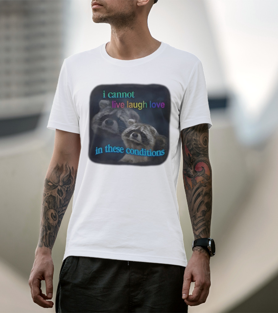 I Cannot Live Laugh Love In These Conditions Raccoon Duo Reality Check T-Shirt