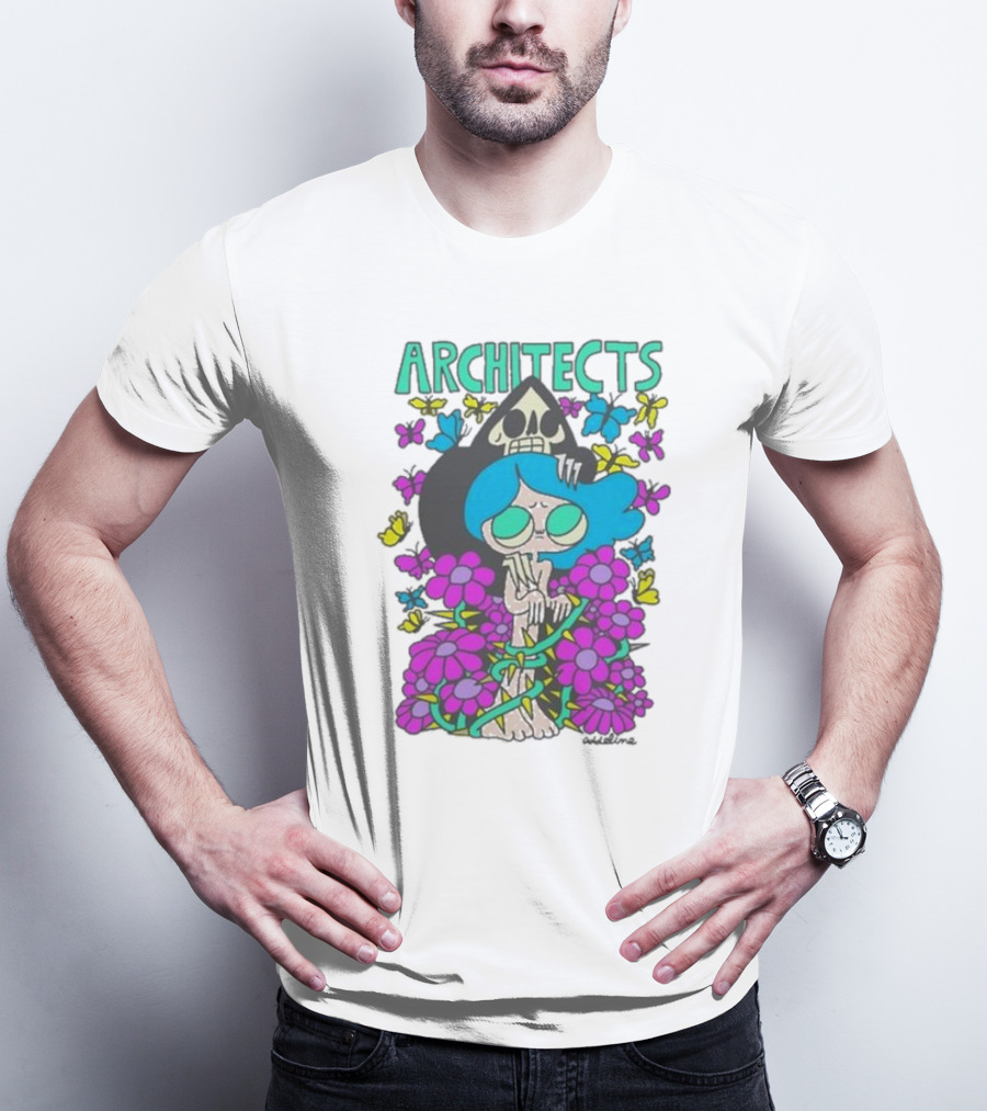 ARCHITECTS Butterfly Skull Skeleton Flowers Blue Hair T-Shirt