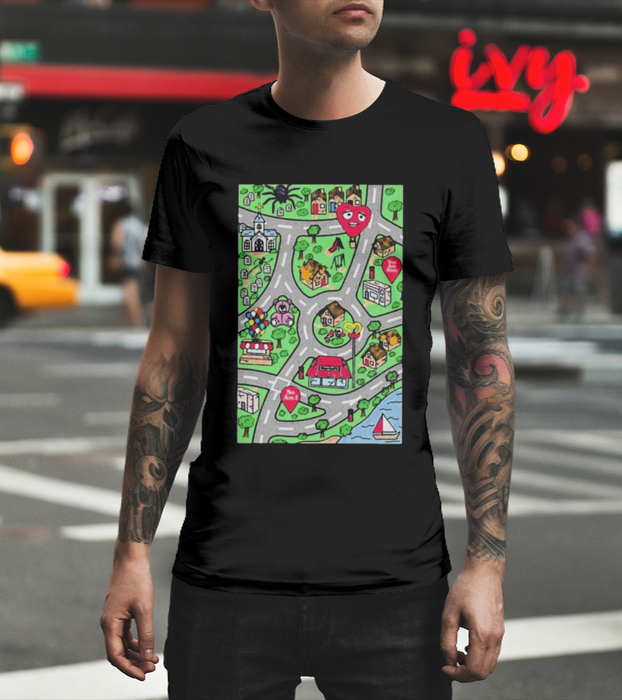 Are We There Yet Cute Cartoon Map With Smiling Landmarks And Colorful Scenery T-Shirt