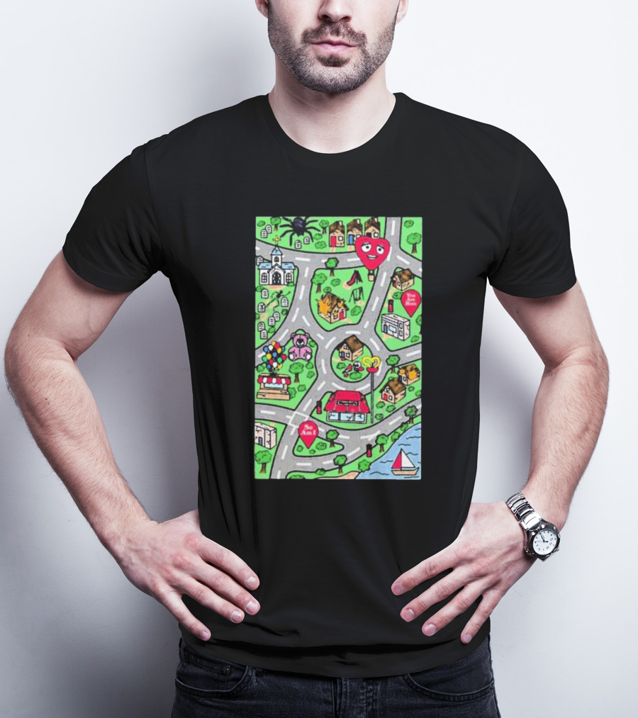 Are We There Yet Cute Cartoon Map With Smiling Landmarks And Colorful Scenery T-Shirt