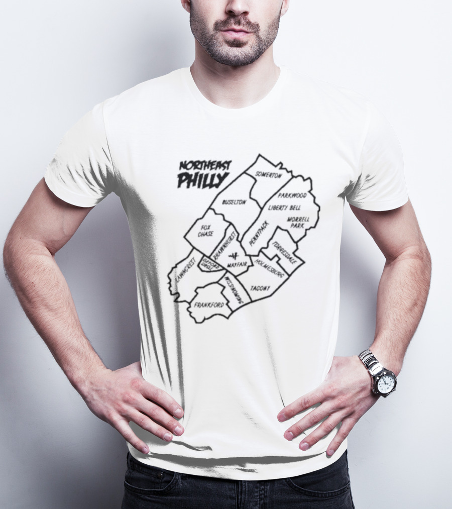 Northeast Philly Map Featuring Somerton Parkwood Liberty Bell Fox Chase Oxford Circle Tacony Frankford Map T-Shirt