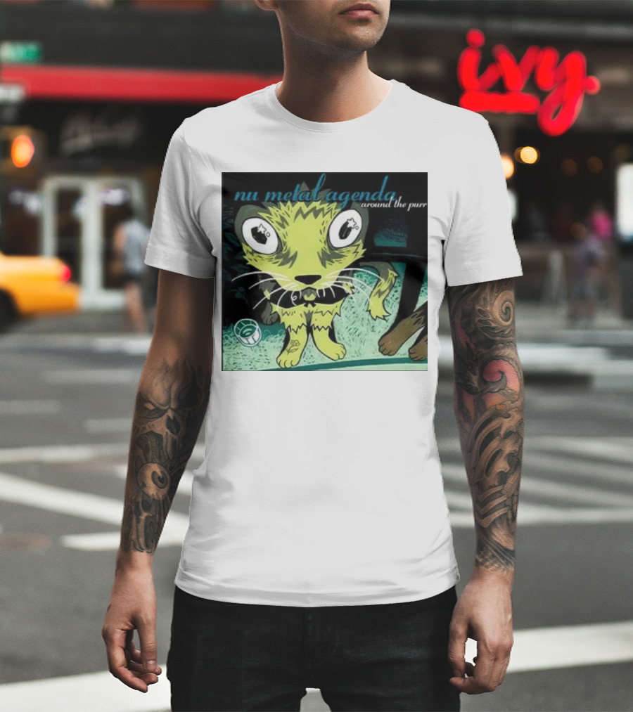 Nu Metal Agenda Around The Purr Feline Illustration With Swirling Colors And Bold Letters T-Shirt