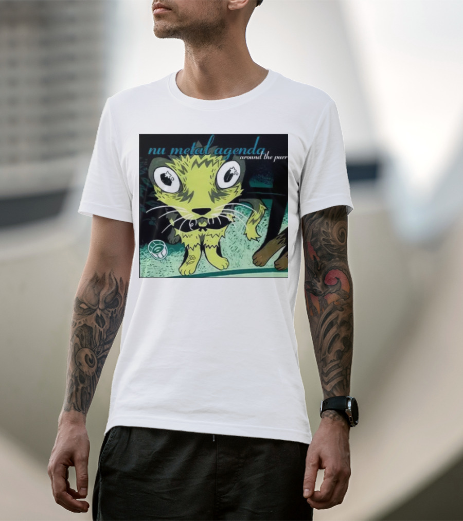 Nu Metal Agenda Around The Purr Feline Illustration With Swirling Colors And Bold Letters T-Shirt