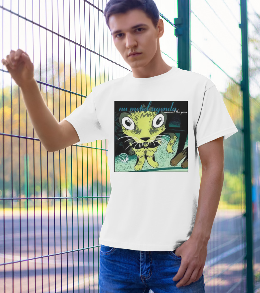 Nu Metal Agenda Around The Purr Feline Illustration With Swirling Colors And Bold Letters T-Shirt
