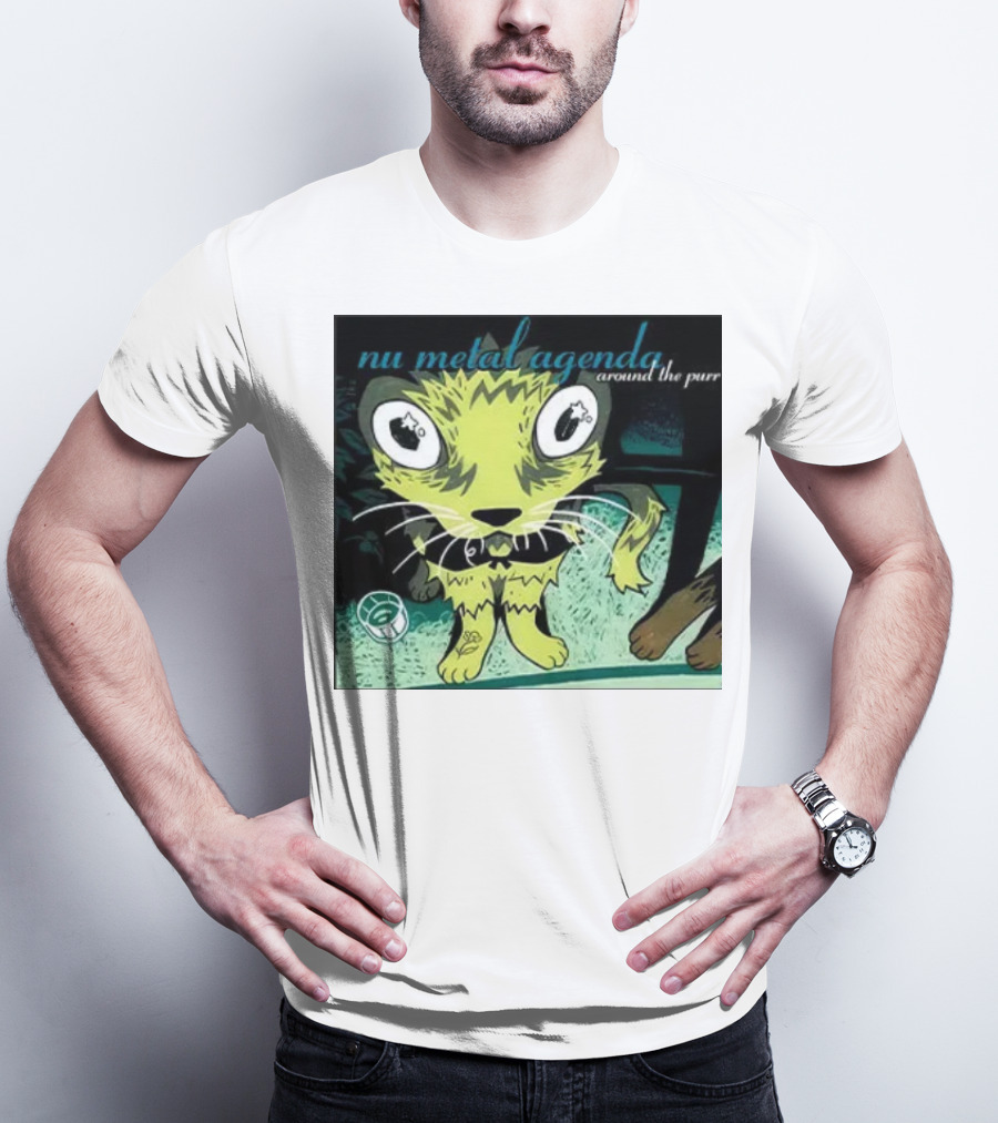 Nu Metal Agenda Around The Purr Feline Illustration With Swirling Colors And Bold Letters T-Shirt