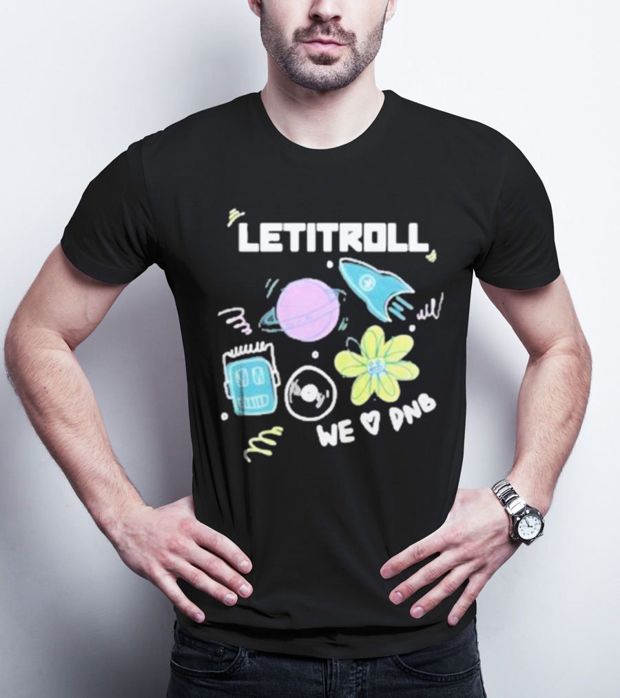 LETITROLL We Love DNB Planet Rocket Robot Flower T-Shirt