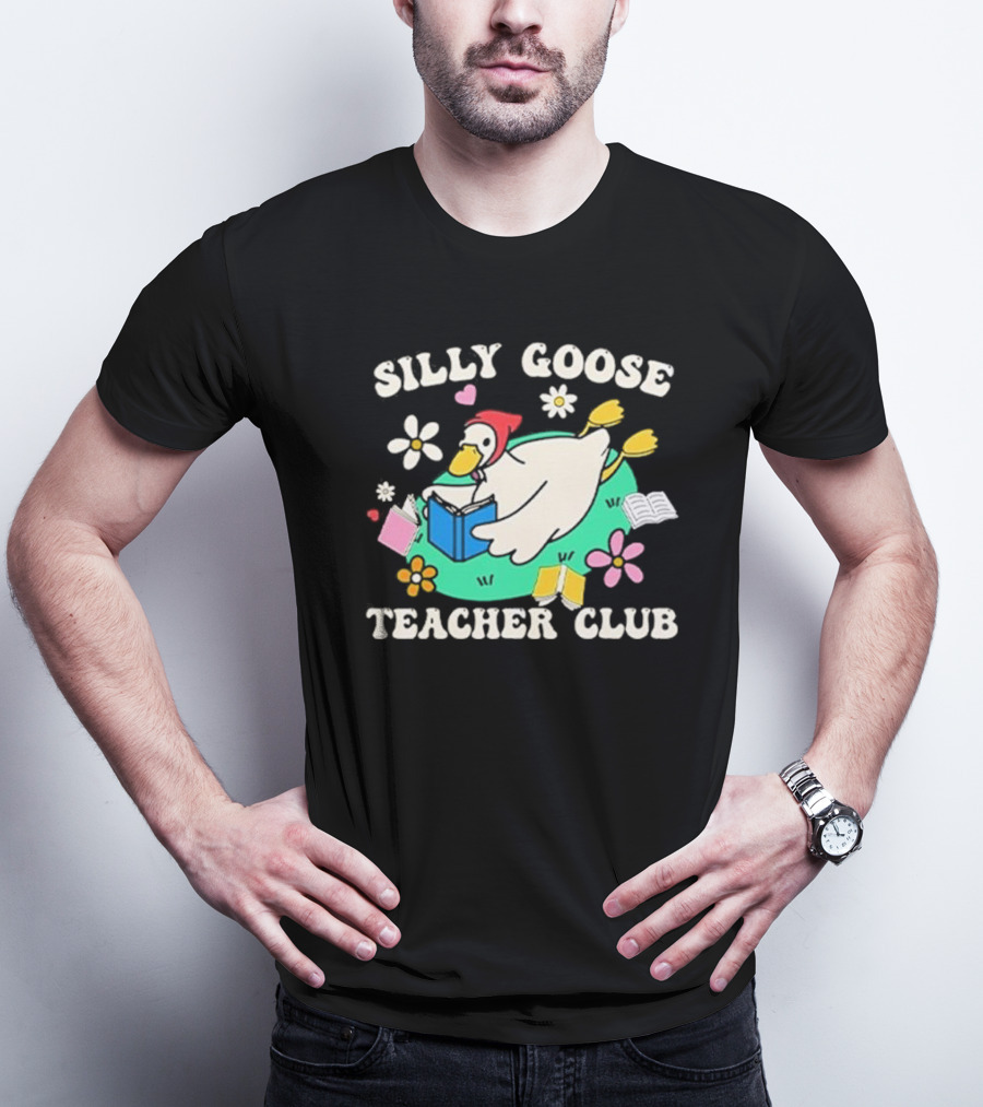 Silly Goose Teacher Club Reading Duck With Flowers And Open Books T-Shirt