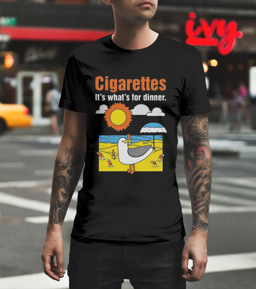 Cigarettes It's What's For Dinner Beach Seagull Cartoon With Sun And Umbrella T-Shirt