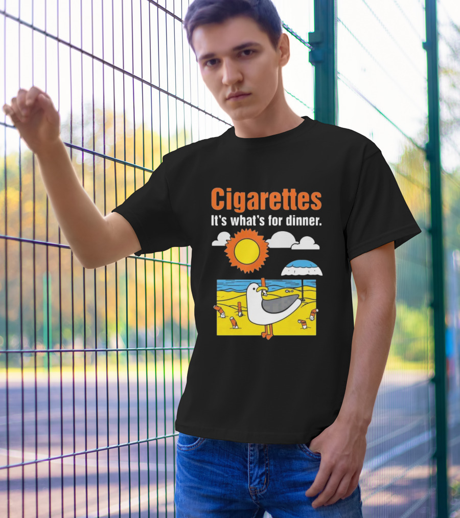 Cigarettes It's What's For Dinner Beach Seagull Cartoon With Sun And Umbrella T-Shirt