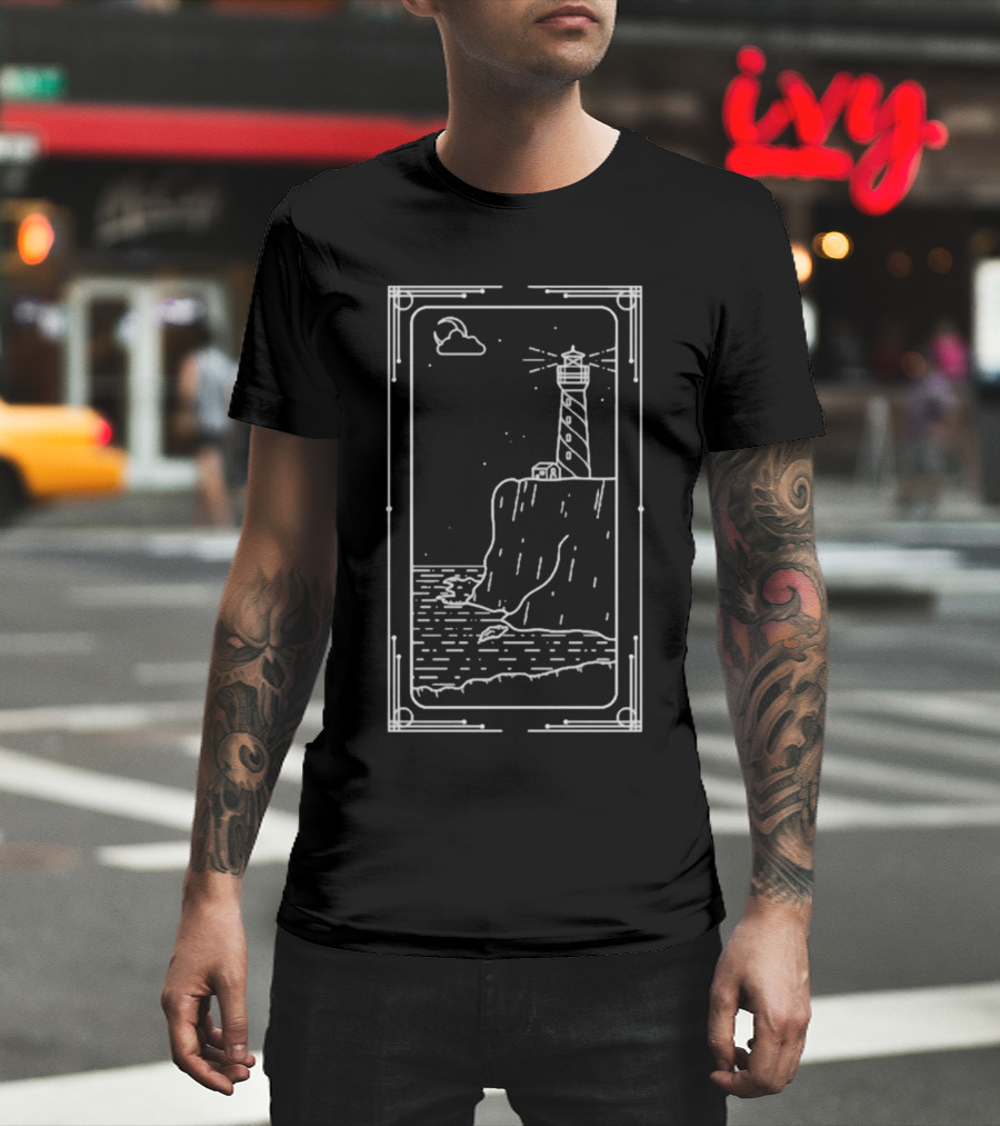 Coastal Lighthouse Cliff With Starry Sky And Waves T-Shirt