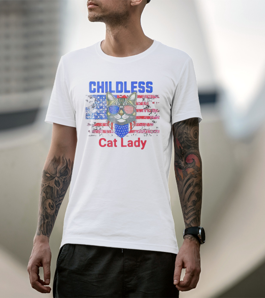 Childless Cat Lady USA Flag Sunglasses T-Shirt