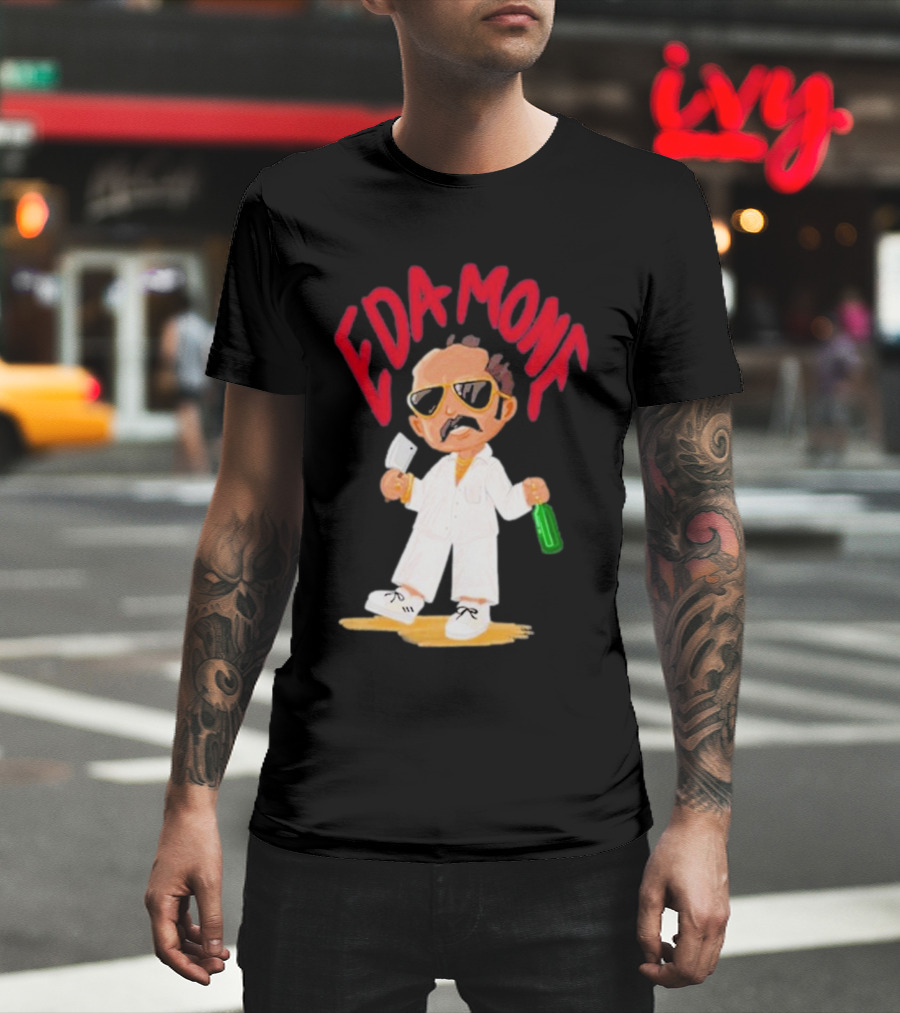 Eda Mone Rangan Chettan Cartoon Character In White Suit With Sunglasses Holding Cleaver And Bottle T-Shirt
