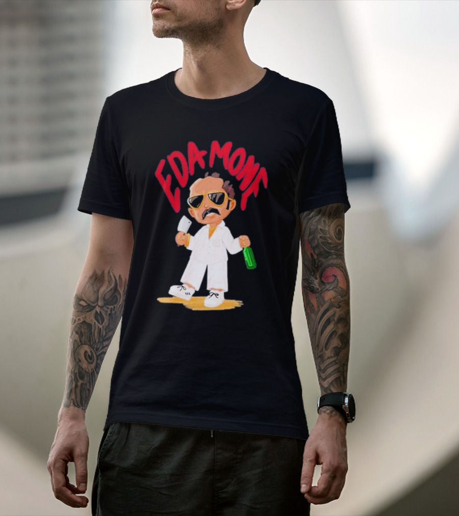 Eda Mone Rangan Chettan Cartoon Character In White Suit With Sunglasses Holding Cleaver And Bottle T-Shirt