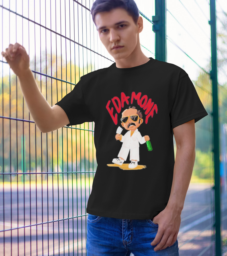 Eda Mone Rangan Chettan Cartoon Character In White Suit With Sunglasses Holding Cleaver And Bottle T-Shirt