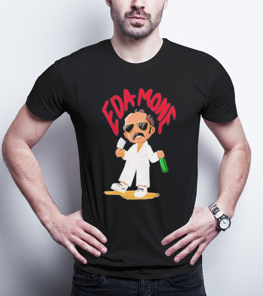 Eda Mone Rangan Chettan Cartoon Character In White Suit With Sunglasses Holding Cleaver And Bottle T-Shirt