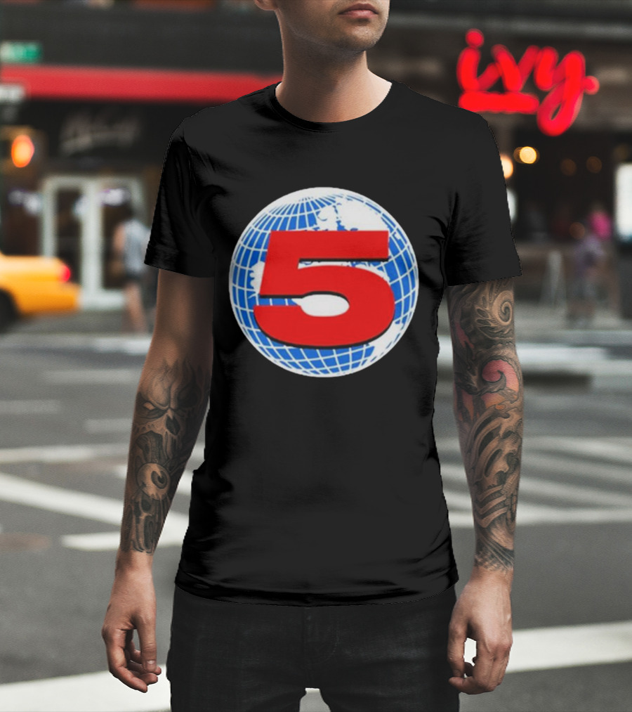 Red Number 5 On Blue And White Globe Background T-Shirt