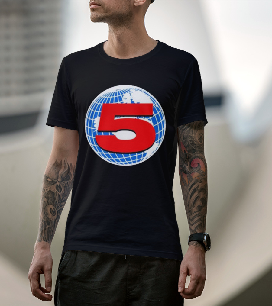 Red Number 5 On Blue And White Globe Background T-Shirt