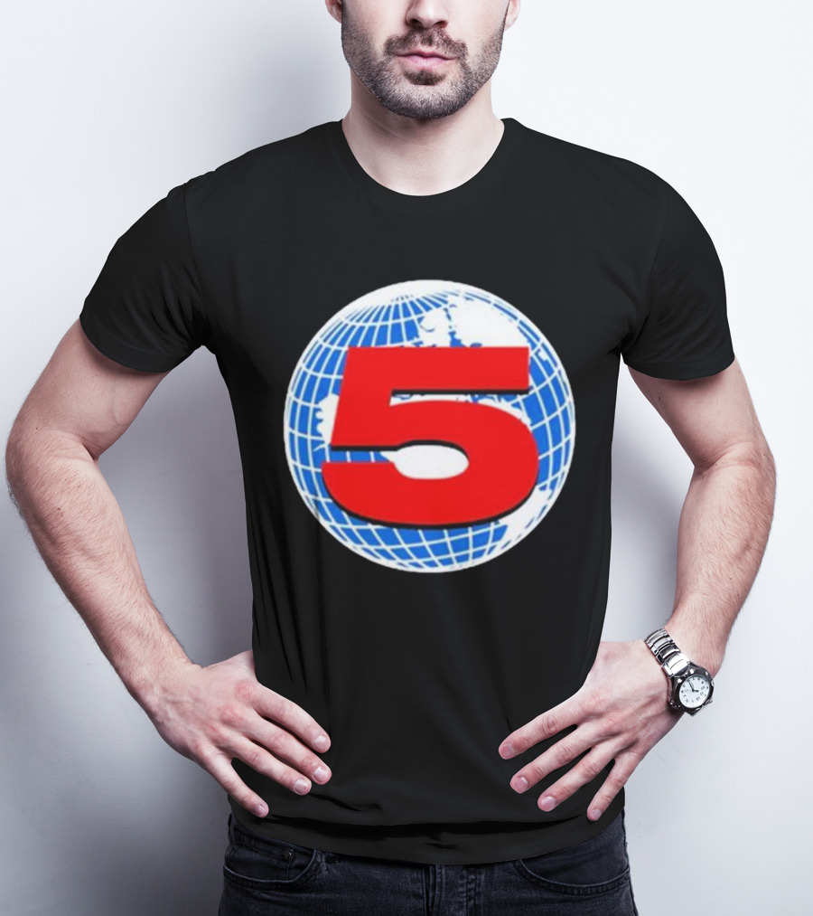 Red Number 5 On Blue And White Globe Background T-Shirt
